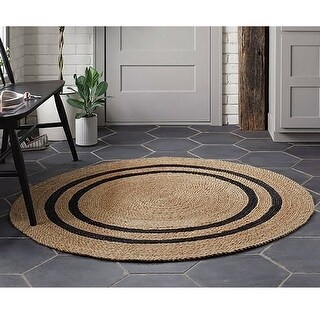 5x5 Feet Jute Beige Black Braided Striped Round Area Rug - 5' x 5' Feet ...