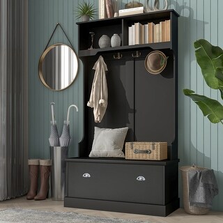 Black Entryway Storage Bench with 4 Hooks, Coat Hanger - Bed Bath ...