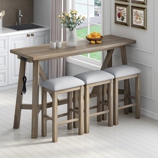 59"L Wood Dining Bar Table Set with 3 Upholstered Stools, Home Kitchen ...