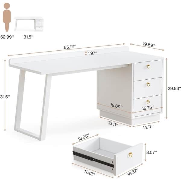 Modern Home Office Desk, 55 Inches Computer Desk with Drawers, White ...