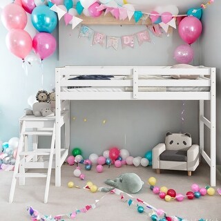 Twin Loft Bed with Ladder landing Platform and Guardrails, White - Bed ...