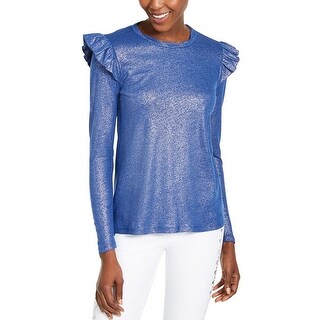 Michael Kors Women's Ruffled Metallic Long Sleeve Jewel Neck Top Blue ...