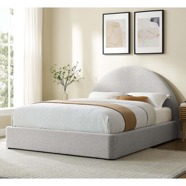 Palmetto Modern Round Headboard Light Grey Fabric Upholstered King Size Platform Bed