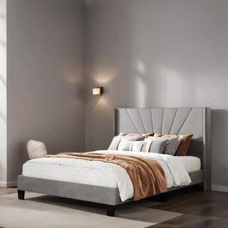 Queen Size Velvet Upholstered Bed with Headboard, Platform Bed with ...