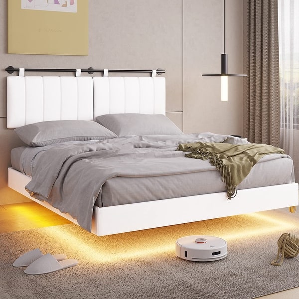 Floating Queen Bed Frame with Led Lights and Wall Mounted Headboard ...