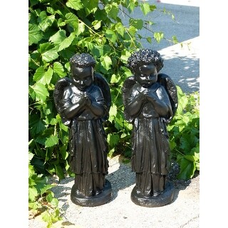 25" teal finished curly hair angel boy outdoor statue decoration - Bed ...