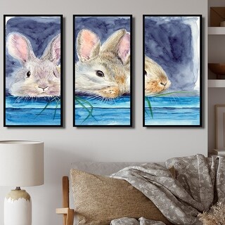 Designart "Three Fluffy Rabbits Behind A Blue Wooden Fence I ...