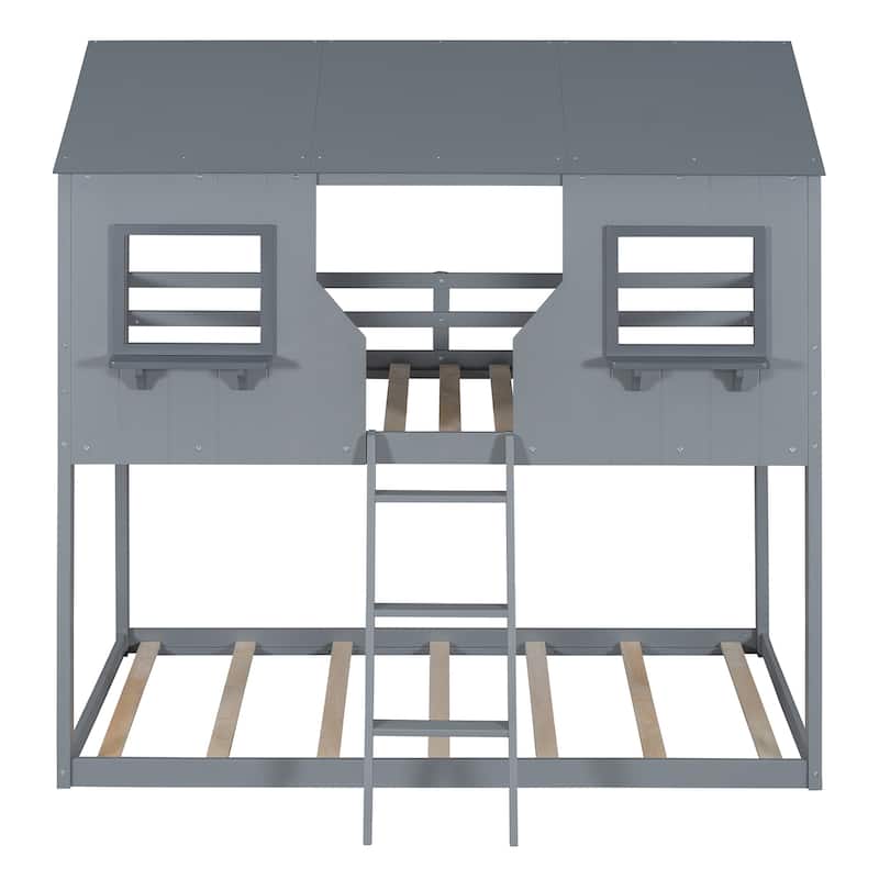 Twin Over Twin Bunk Wood Bed Frame With Roofwindowguardrailspace Saving Designfor Bedroom