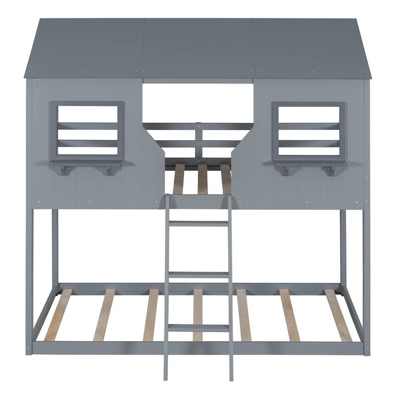 Twin Over Twin Bunk Wood Bed Frame With Roofwindowguardrailspace Saving Designfor Bedroom