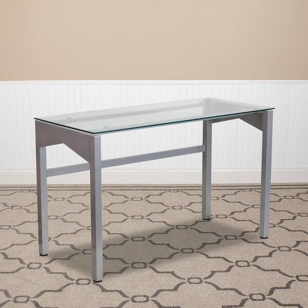 Contemporary Clear Tempered Glass Desk with Geometric Sides and Silver ...