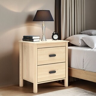 Abis Nightstand, 2 Drawers, Natural Brown Wood, Black Handles, 24 Inch ...