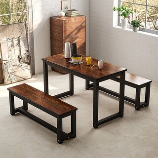 Dining Table Set with Two Benches, 3-Piece Rustic Rectangular Table ...