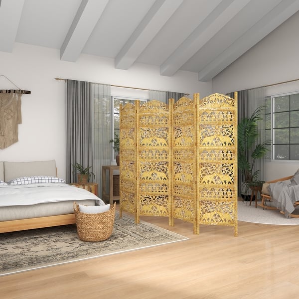 Gold Wooden Handmade Hinged Foldable Partition 4 Panel Floral Room ...