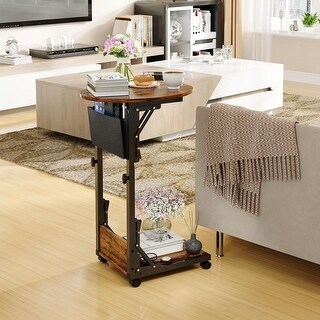 Foldable C-Shaped End Table with Wheels and Storage Bag for Living Room ...
