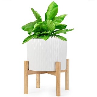 Ceramic Planter with Stand, 8 Inch Planter with Wooden Stand - Bed Bath ...