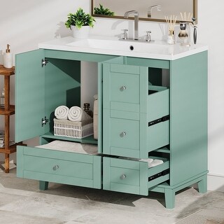 36 Inch Modern Green Bathroom Vanity with USB Charging, Resin Sink, 2 ...