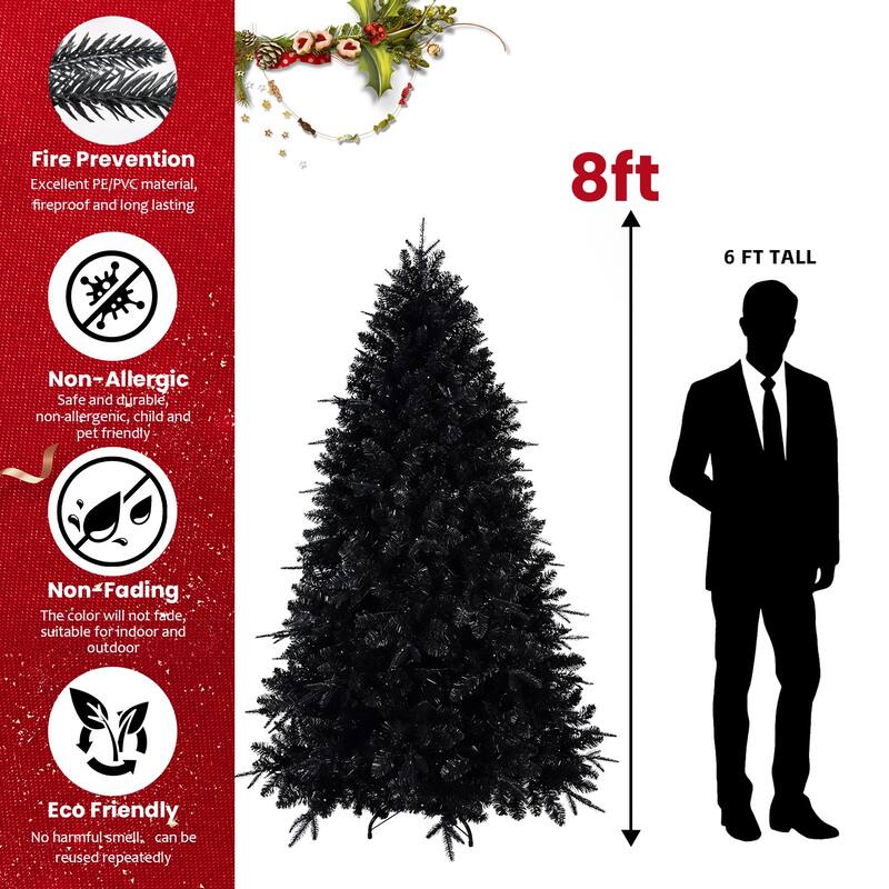 Pre-Lit Black Artificial Tree - White LED Lights, PE+PVC Branches ...