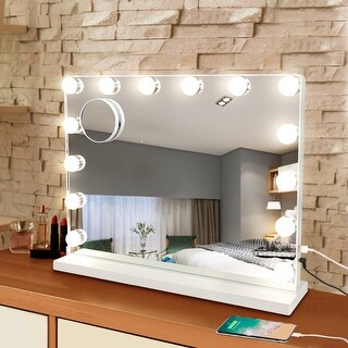 VANITII Large Hollywood Makeup Vanity Mirror with 15 LED Bulbs 3 Lights Adjustable USB Charging ...