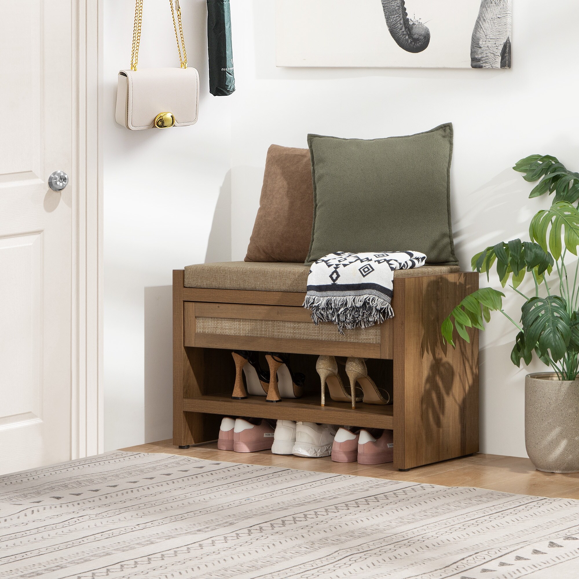 SICOTAS Rattan Shoe Bench Entryway Shoe Rack with Storage Organizer Drawer and Cushion Oak
