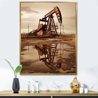 Designart "Modern Sepia Drilling Rig Field I" Oil Rigs / Fields Framed ...