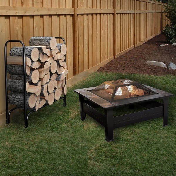 Pure Garden 6-Piece Square Fire Pit Table and Firewood Rack - N/A - Bed ...