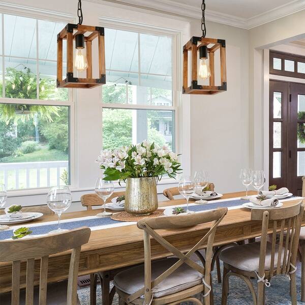Anmytek Wood Pendant Light Rustic Farmhouse Hanging Light Fixture With