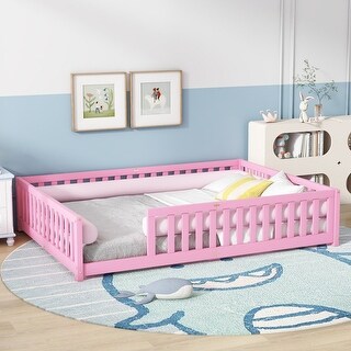 Pink Queen Size Bed Floor Bed with Safety Guardrails and Door for Kids ...