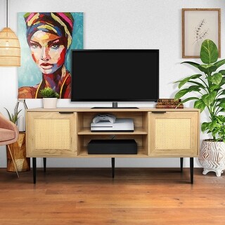 59 "Natural Color TV Stand Two Cabinets with Rattan Decorative Doors ...