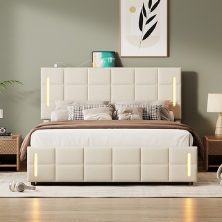 Plaid Upholstered Bed Frame with Light Strip Headboard Footboard - Bed ...