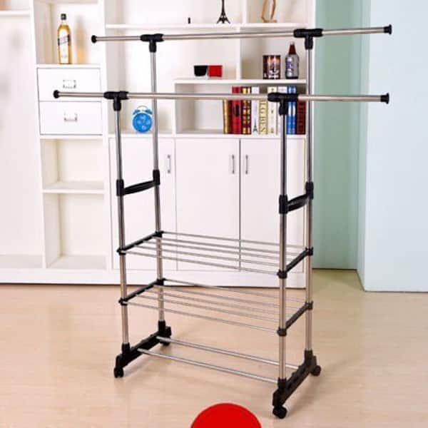 Dual-bar Stretching Stand Clothes Rack with Shoe Shelf - Bed Bath ...