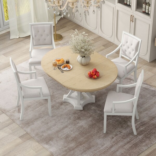5 Piece Extendable Round Dining Table Set with 4 Dining Armchairs