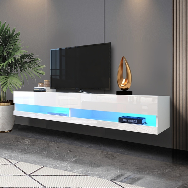 80 High Gloss Wall Mount Floating TV Stand with 2 Separate Storage RGB LED White On Sale Bed Bath Beyond 37561530