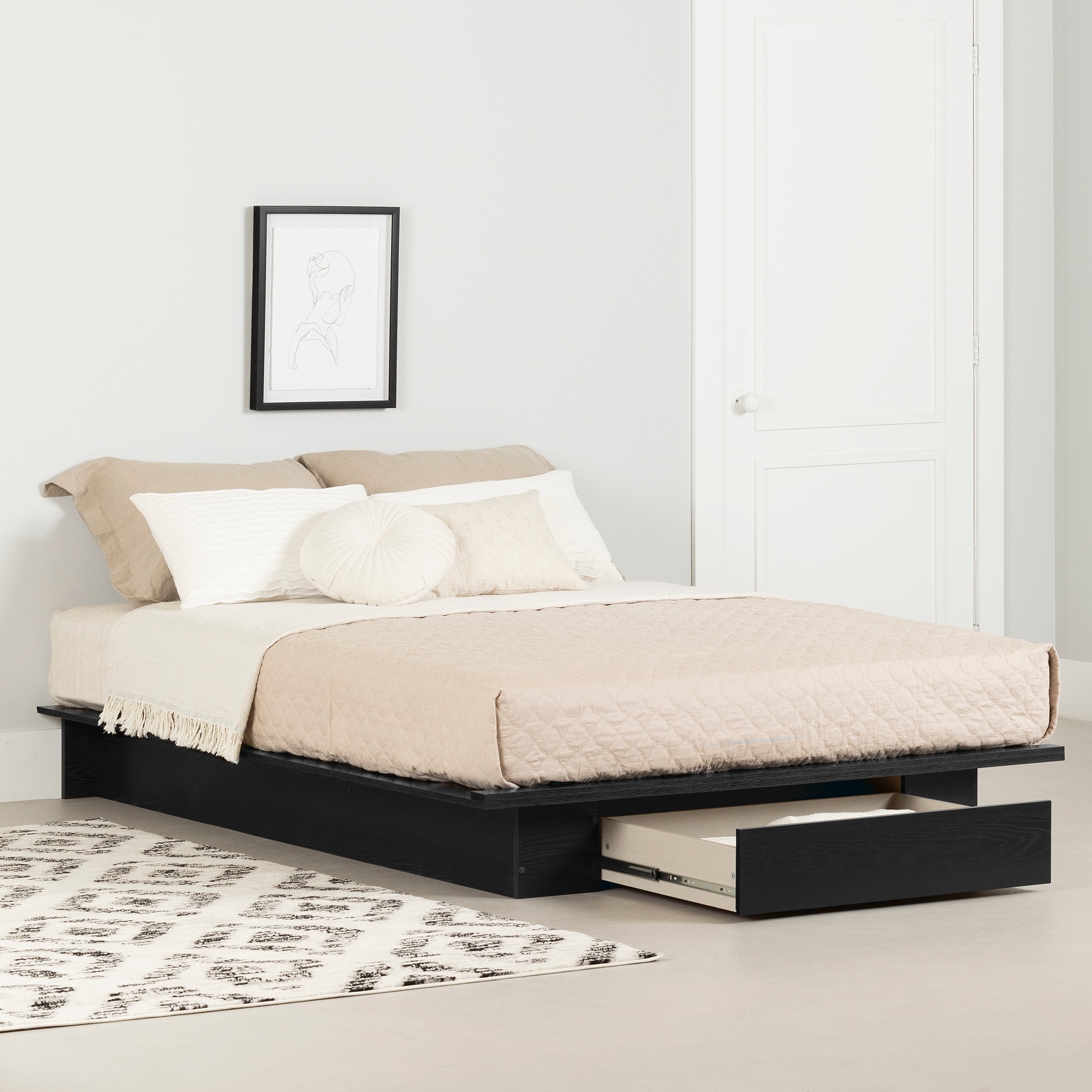 South Shore Primo Platform Bed with Drawer Black Oak