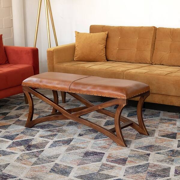 Berta Mid Century Modern Rectangular Genuine Leather Upholstered Bench