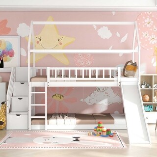 Twin over Twin House Bunk Bed with Storage Staircase and Slide - Solid ...