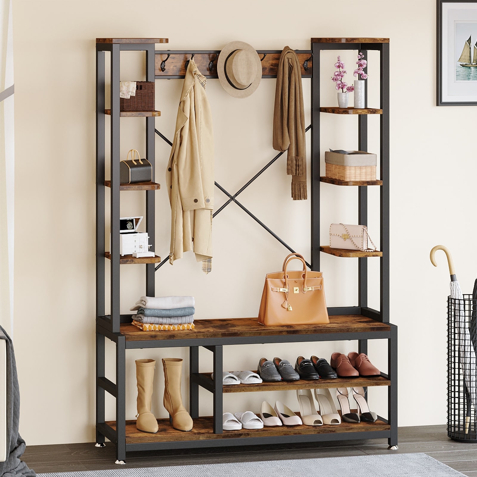 3-in-1 Entryway Coat Rack, Vintage Industrial Hall Tree with Shoe Bench ...