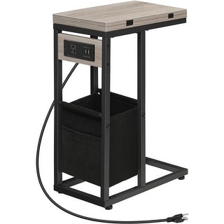C Shaped Side Table with Charging Station,End Table,Greige and Black ...