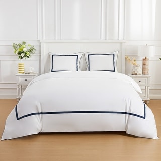 Embroidered Percale Crisp Cotton Hotel Piping Navy Duvet Set - Bed Bath ...