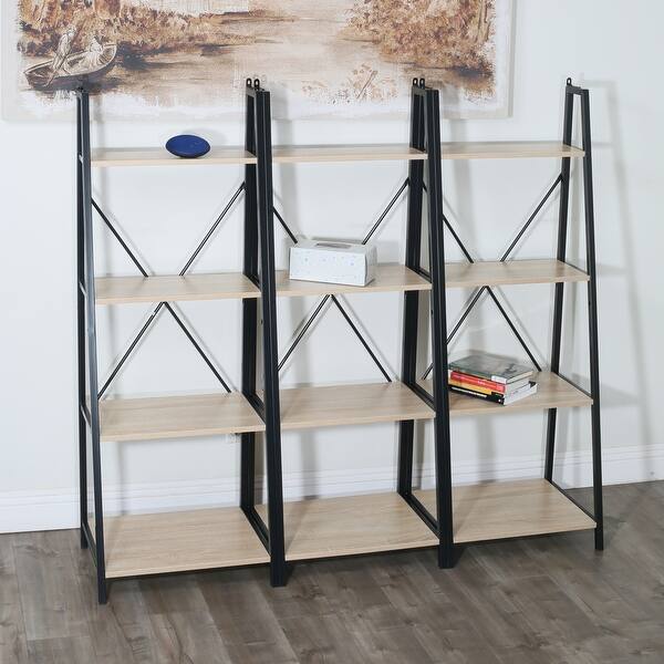4-tier oak shelves ladder bookcase wall standing metal frame decor ...