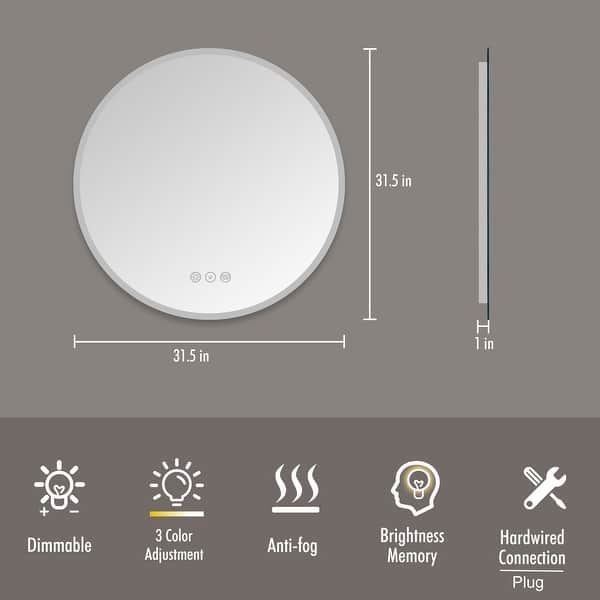 Round Bathroom LED Lighted Mirror with Defogger in Tempered Glass - Bed ...