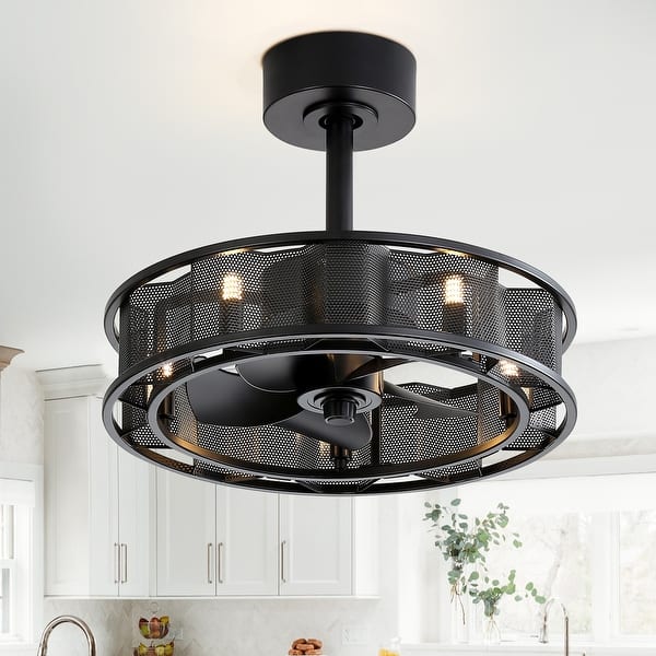18 inch Black Morden Caged Ceiling Fan with Light and Remote - Bed Bath ...