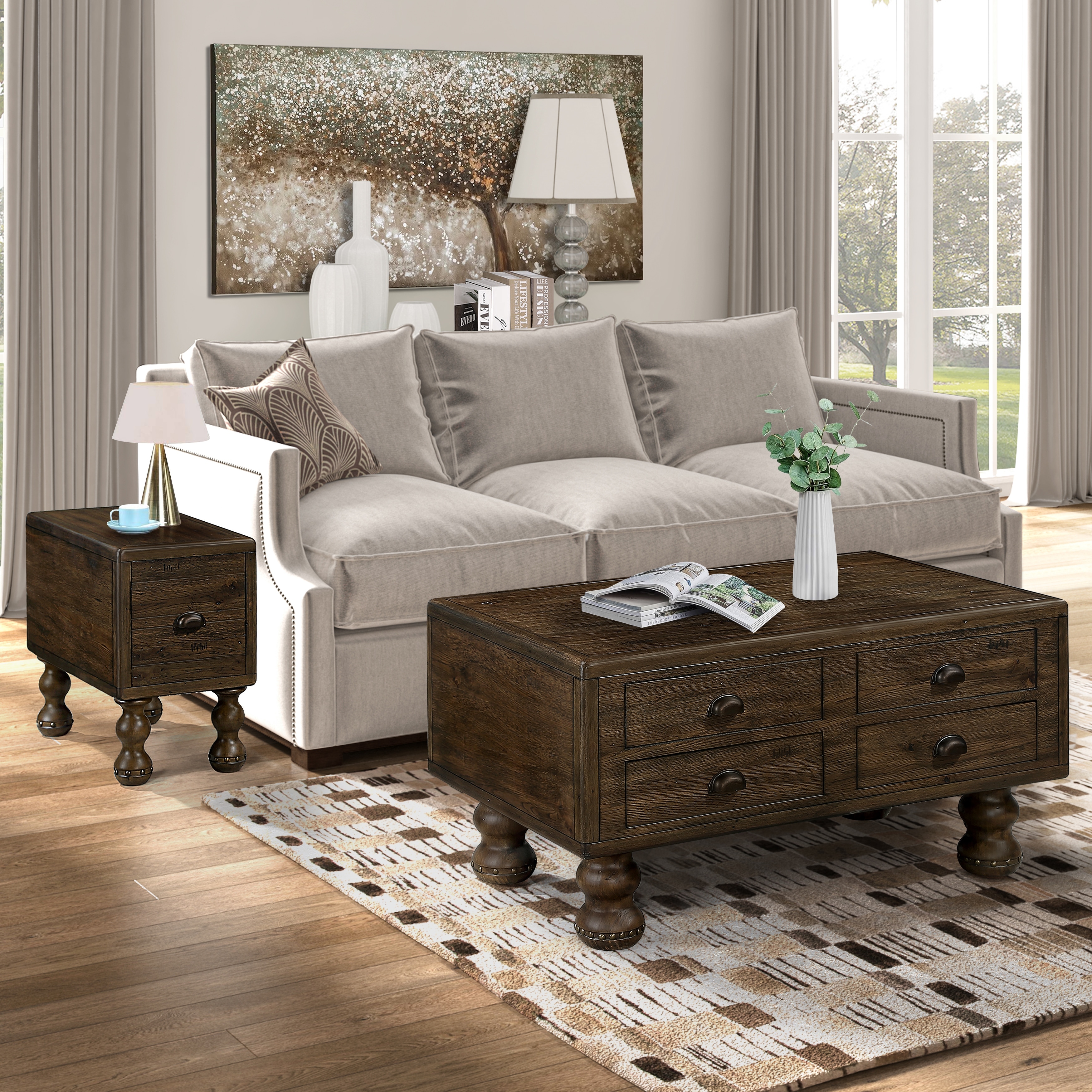 3 Piece Rectangle Solid Wood Coffee Table Set Espresso