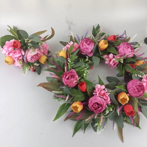 Spring Peony Wreath with Lush Greenery, Artificial Floral Door Wreath ...