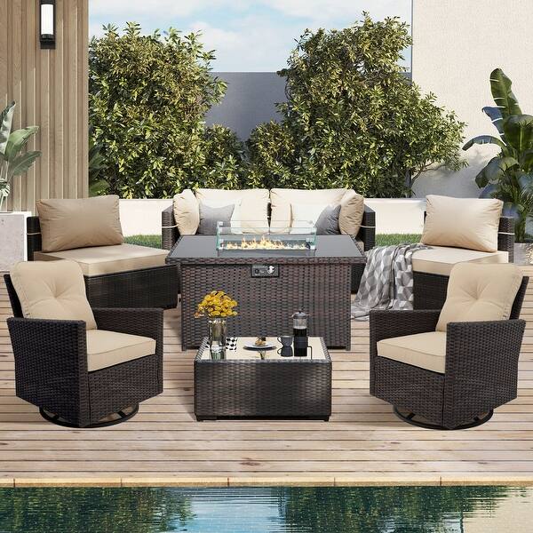 UPHA 8-Piece Wicker Patio Fire Pit Conversation Set with Swivel Chairs ...