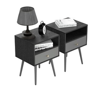 Dark Gray Bedside Tables Set of 2, Nightstands with 1 Drawer and Open ...