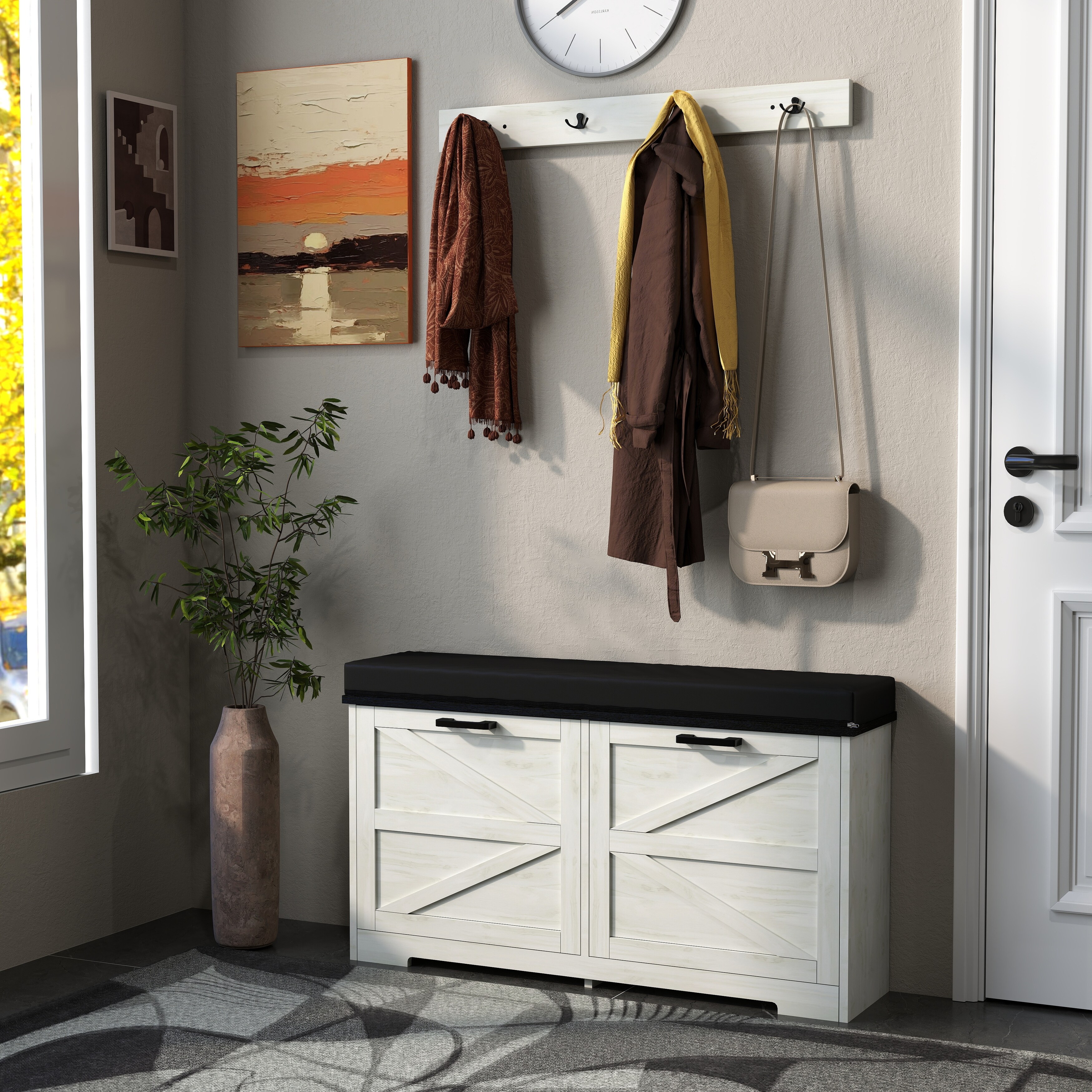 Farmhouse Shoe Storage Bench with Coat Rack Antique White Shoe Bench with 2 Adjustable Flip Drawer On Sale Bed Bath Beyond 42429091
