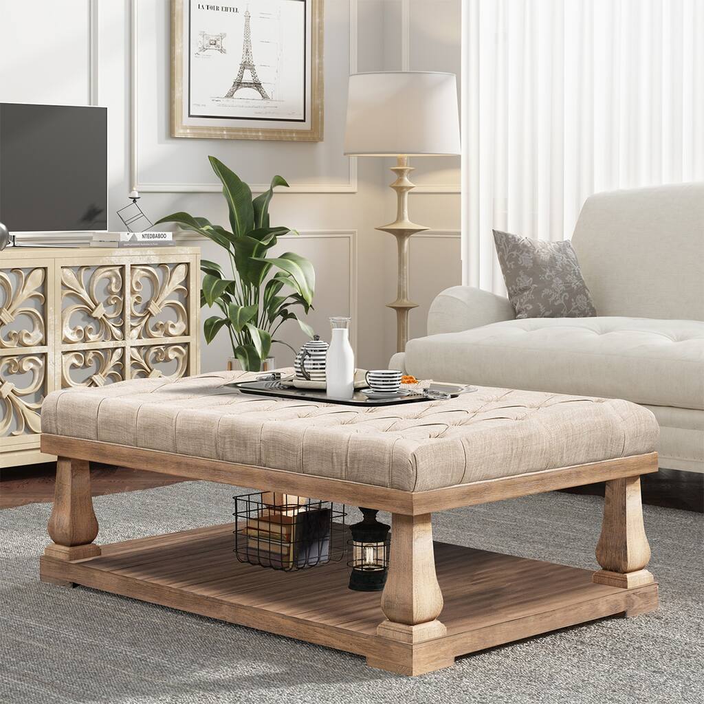 Merax Upholstered Coffee Table /Storage Bench with Wood Shelf ...
