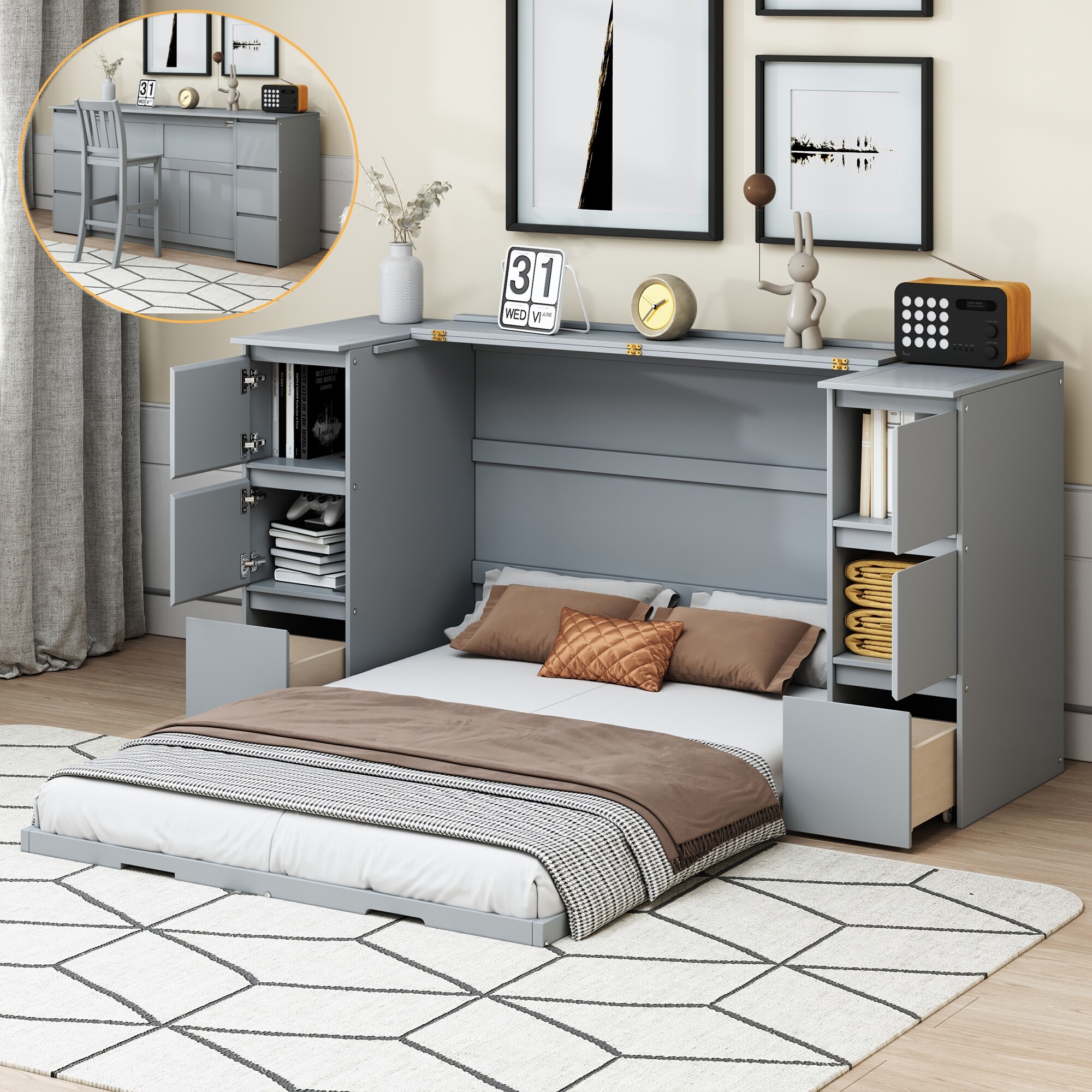 Full Size Murphy Bed with Drawers Cabinets USB Ports High Stools Gray Bed Bath Beyond 41208774