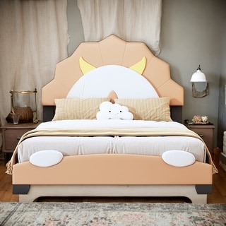 Twin Size Upholstered PVC Leather Platform Bed with Lion-Shaped ...