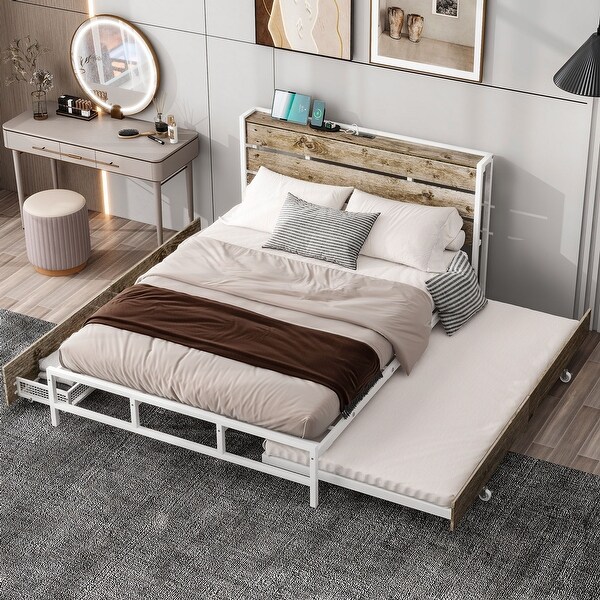 Rustic Style Queen Size Metal Platform Bed With Drawers and trundle Bed Bath Beyond 39973941